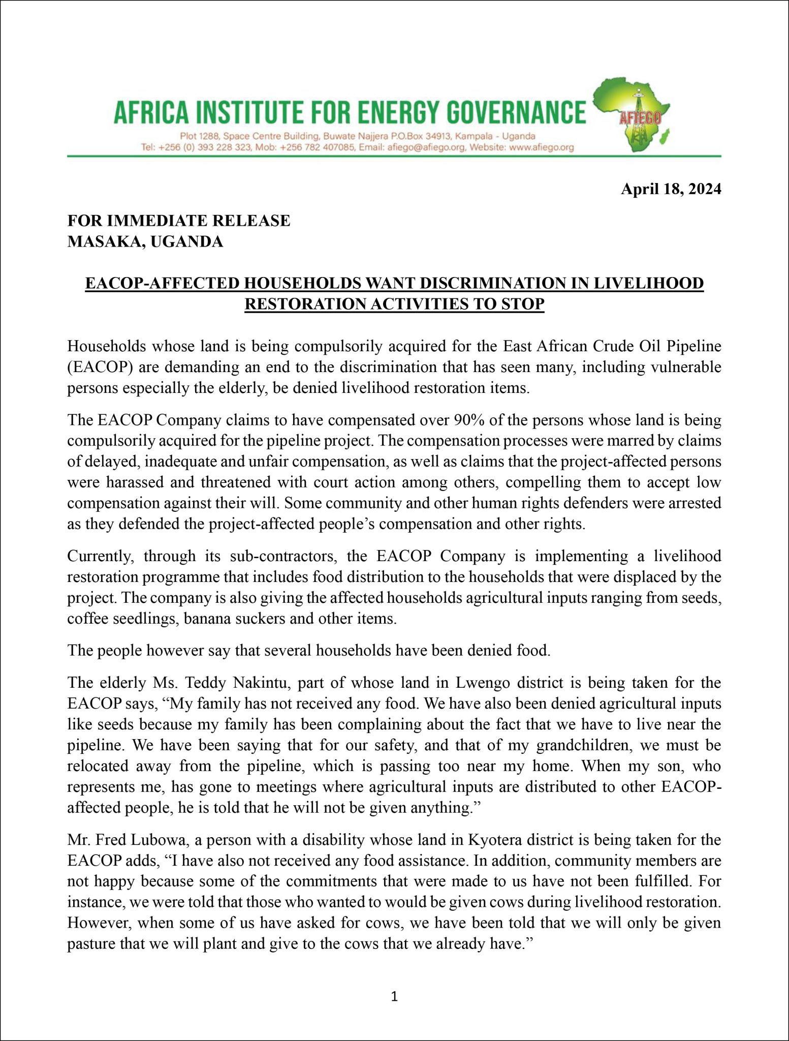 Press release -EACOP communities demand end to discrimination in ...