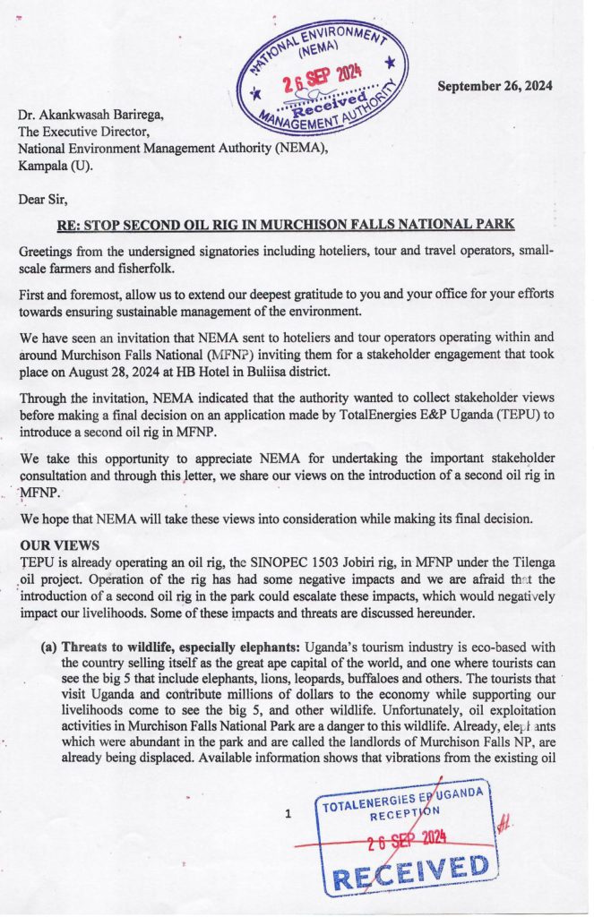 Letter to NEMA over second oil rig in Murchison Falls National Park