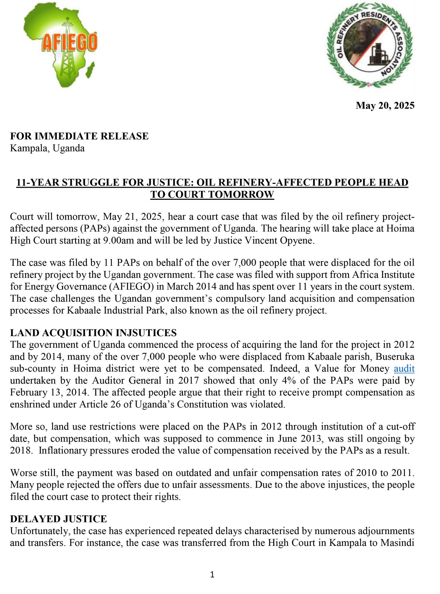 Press statement -Oil refinery case to be heard tomorrow -20-May-2025