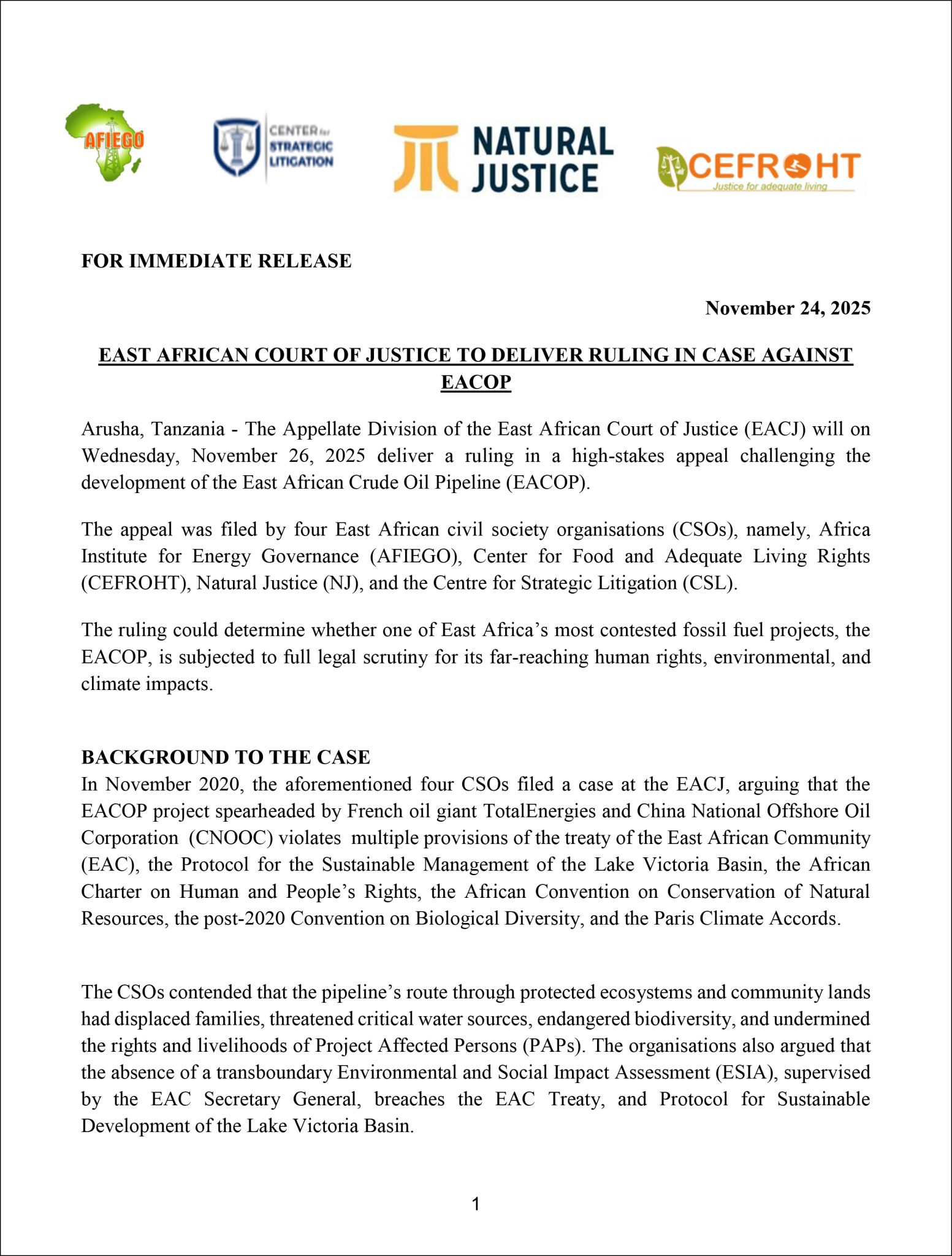 East African Court of Justice to rule on EACOP appeal -24-Nov-2025